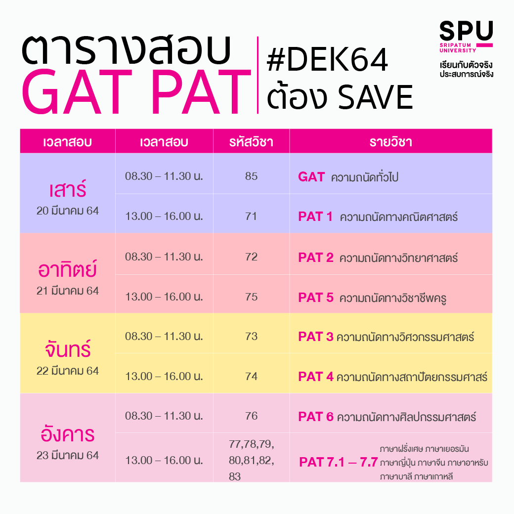 #Dek64 กดแชร์ กดเซฟ กันลืม! กำหนดการสอบ #GAT #PAT – SPU life